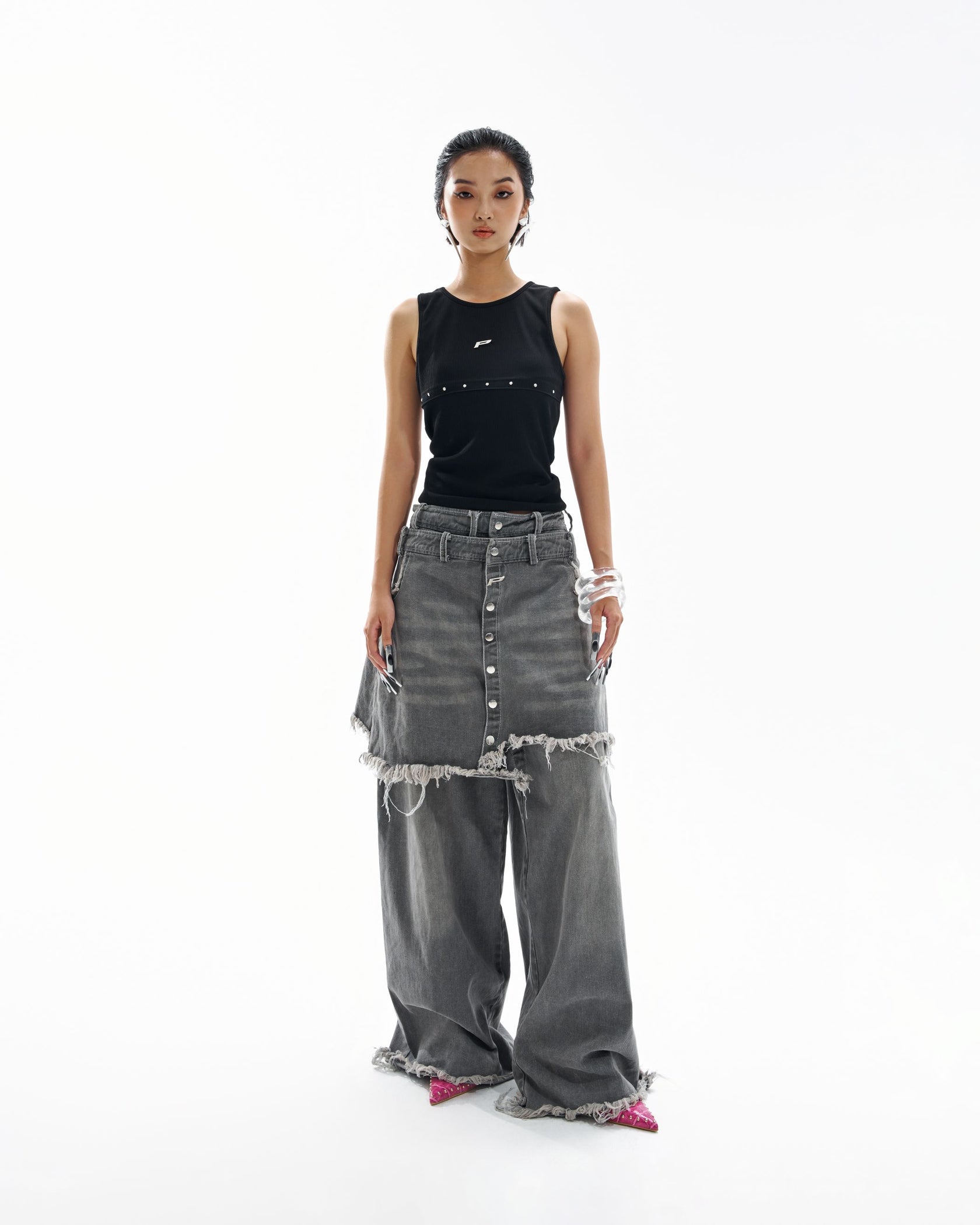THEPRSN - P WASHED DENIM SKIRT LAYERED JEAN | GREY - ASTOUD