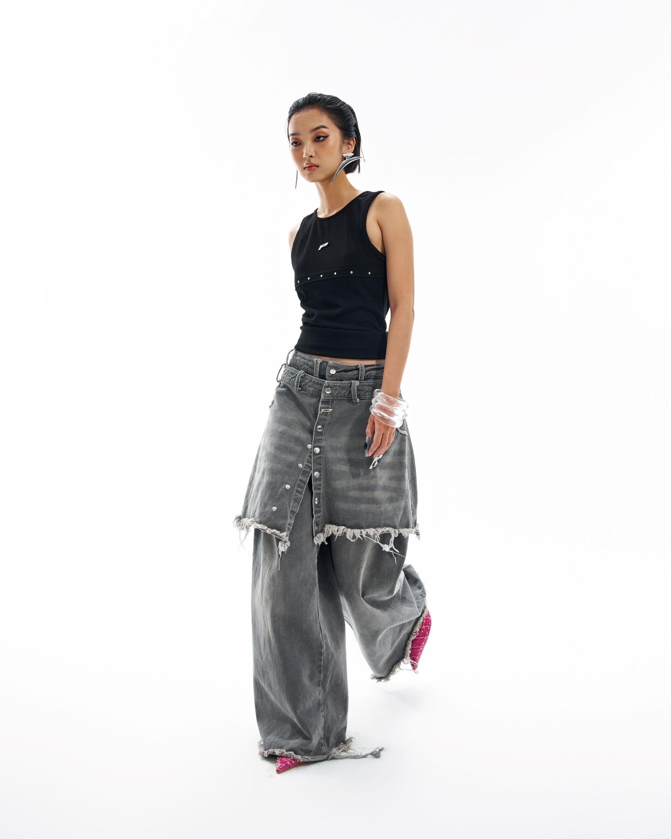 THEPRSN - P WASHED DENIM SKIRT LAYERED JEAN | GREY - ASTOUD