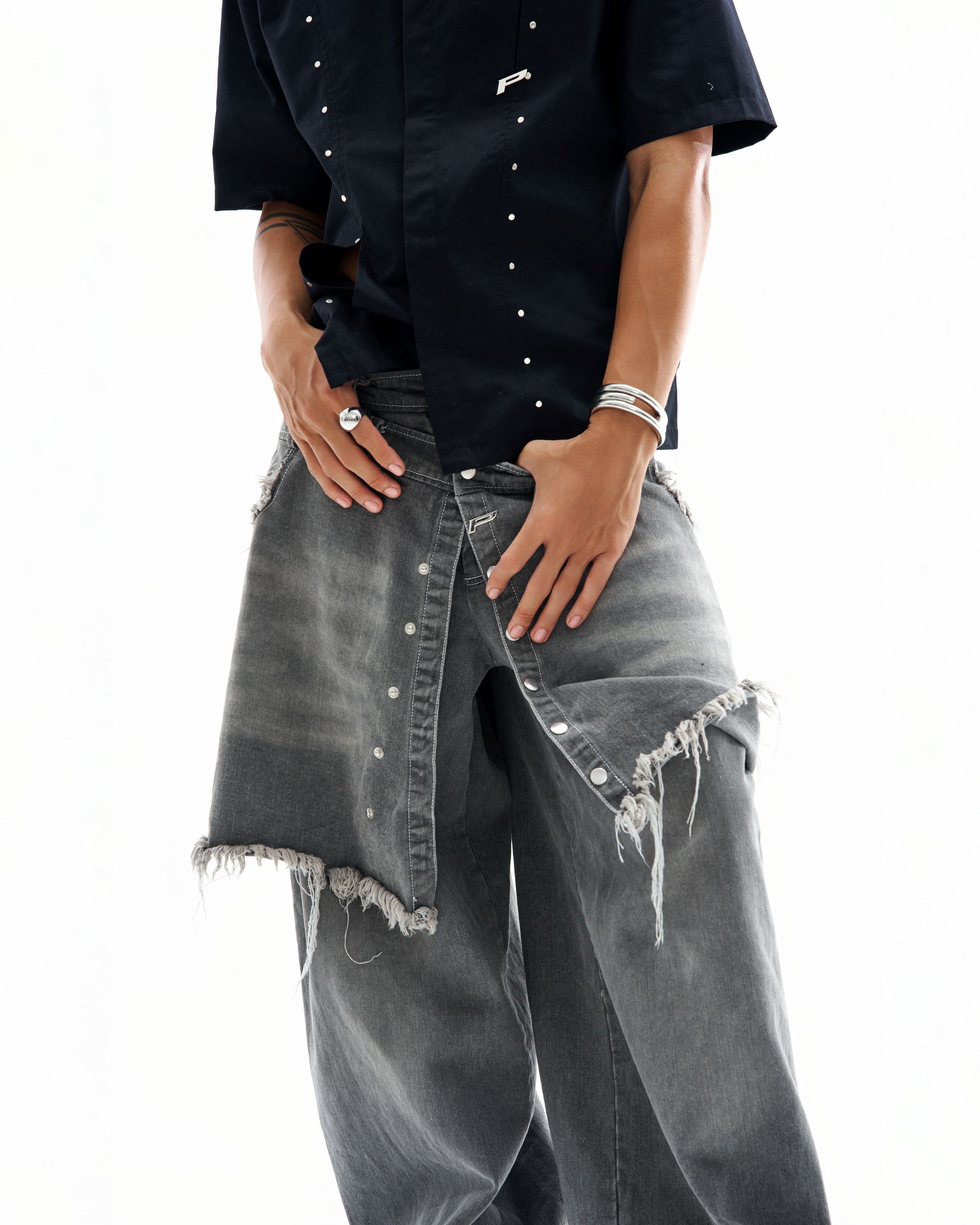 THEPRSN - P WASHED DENIM SKIRT LAYERED JEAN | GREY - ASTOUD