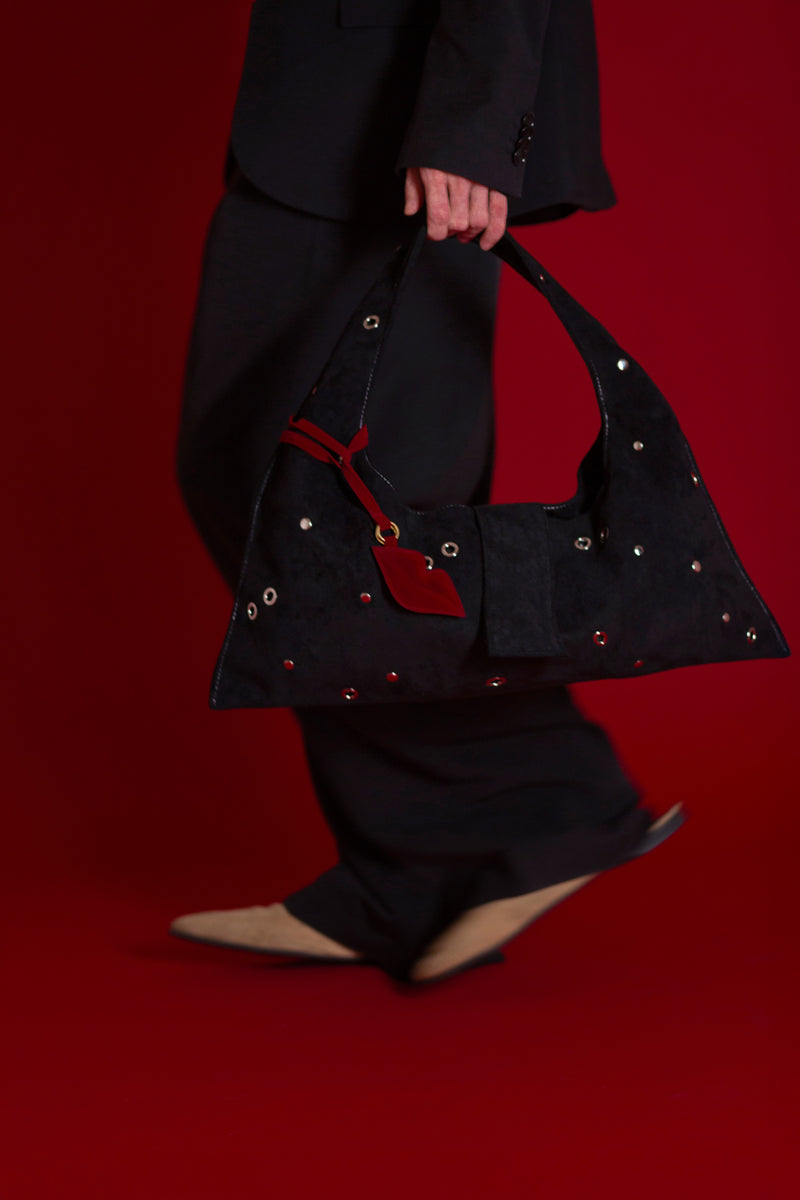 ARYA - Black Eyelet Crescent Bag - ASTOUD